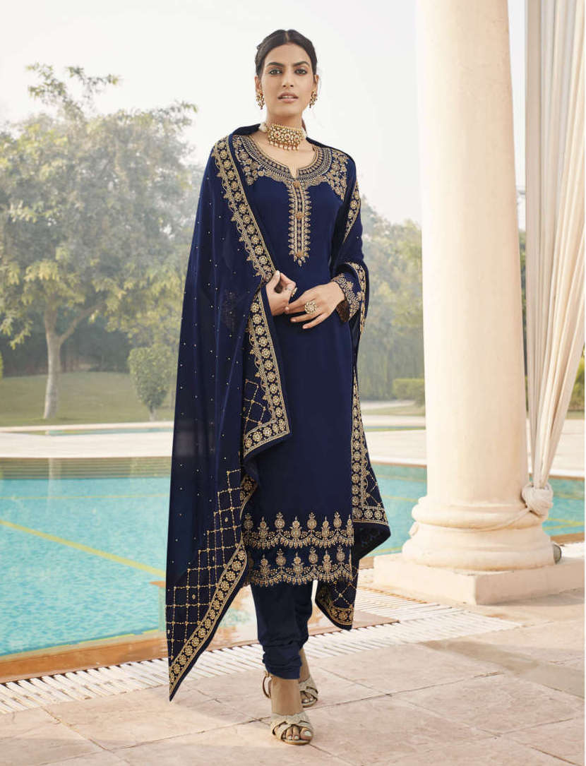 Heavy Embroidery Pajami Suit - Blue - IndiFeels Australia