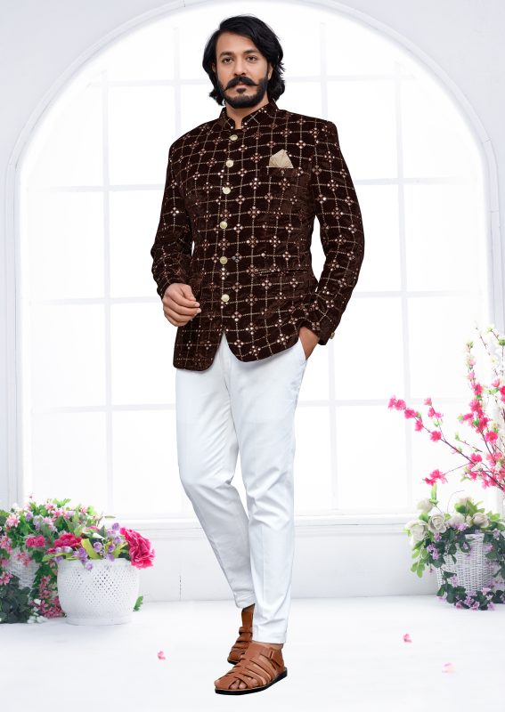 Buy Brown Mirror Work Velvet Jodhpuri Jacket at IndiFeels