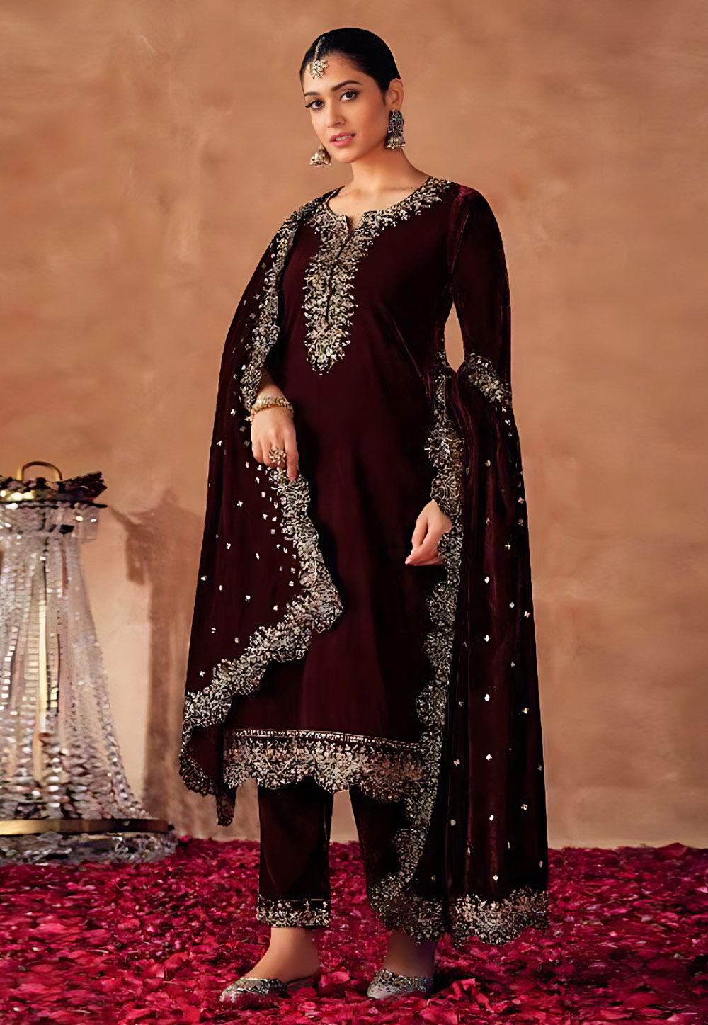 Maroon Velvet Suit With Golden Embroidery - IndiFeels Australia