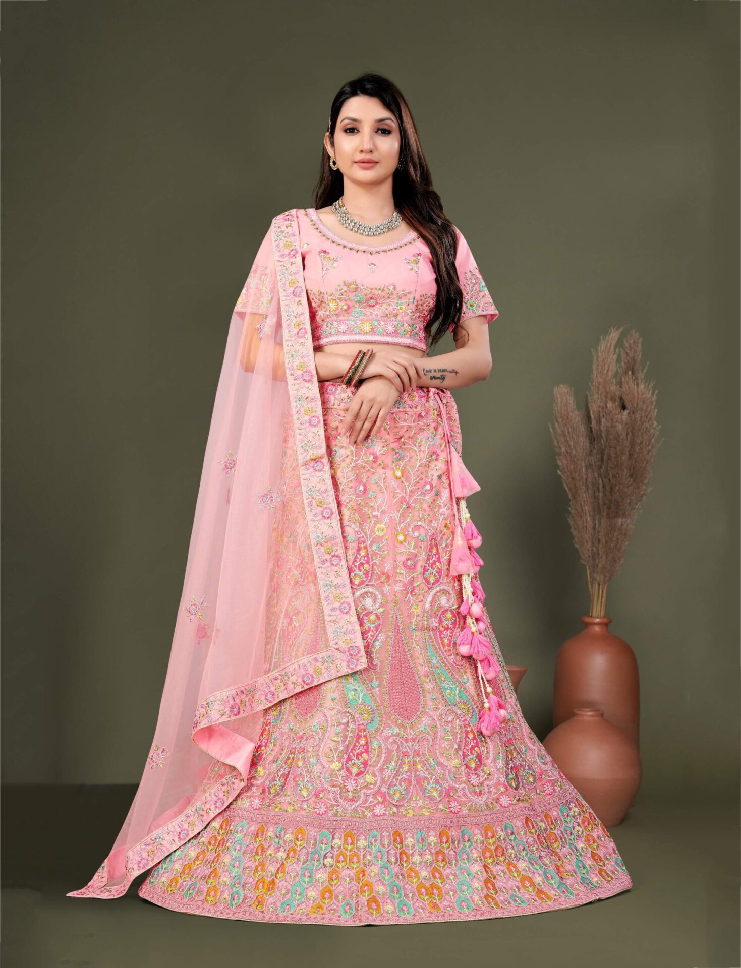 Baby Pink Lehenga Choli Embellished With Multicolored Thread Work ...
